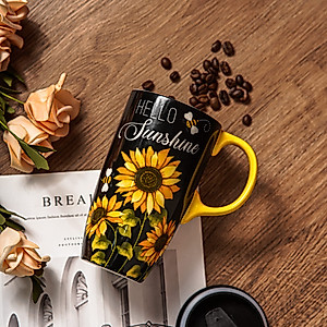 Topadorn Sunflower Ceramic Mug Coffee Cup with Lid and Matching Gift Box Latte Mug,17oz.Hello, Sunshine