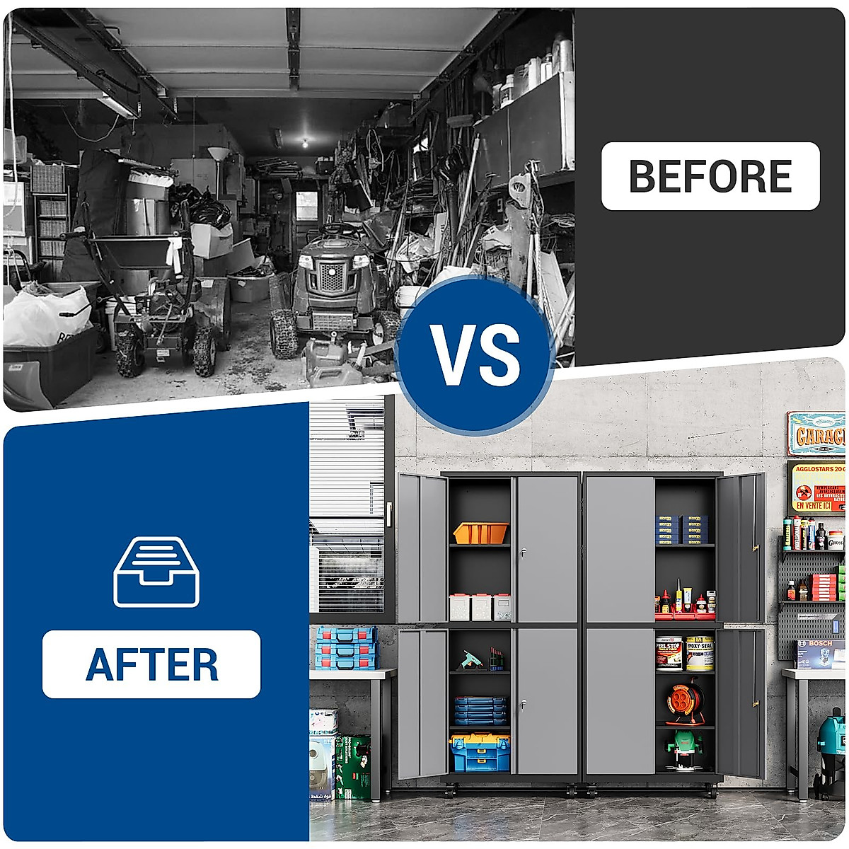 Fesbos Metal Storage Cabinet-Heavy Duty Tool Cabinet Multifunctional Garage Storage Cabinet with Adjustable Shelves&Lockable Doors, Pegboard and Accessories-Black&Gray