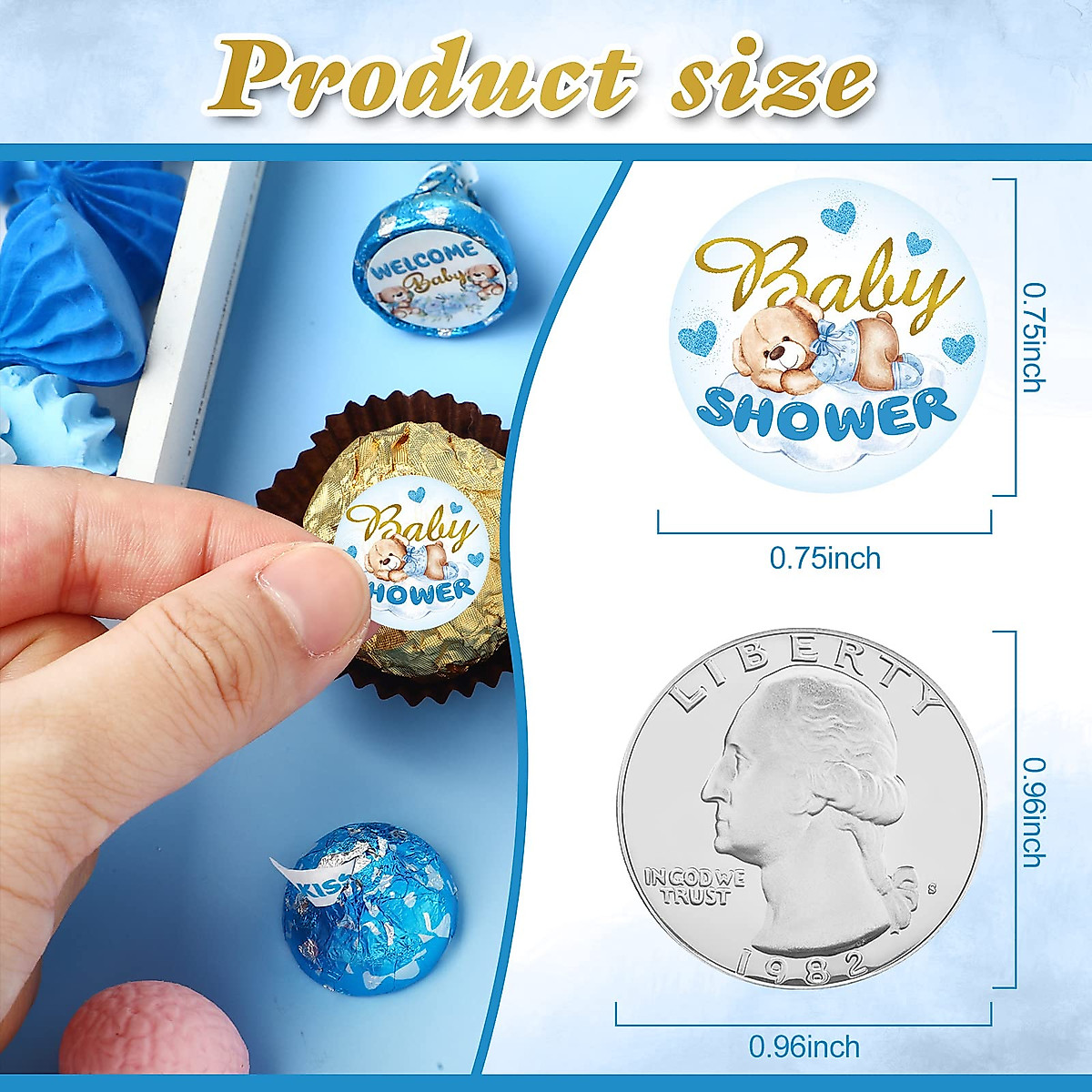 Clabby 504 Pieces Boy Girl Baby Shower Favors Stickers Mini Kisses Candy Stickers Chocolate Drop Labels Wrappers Little Cutie Baby Shower Decoration for Sprinkle Birthday Party(Blue Bear)