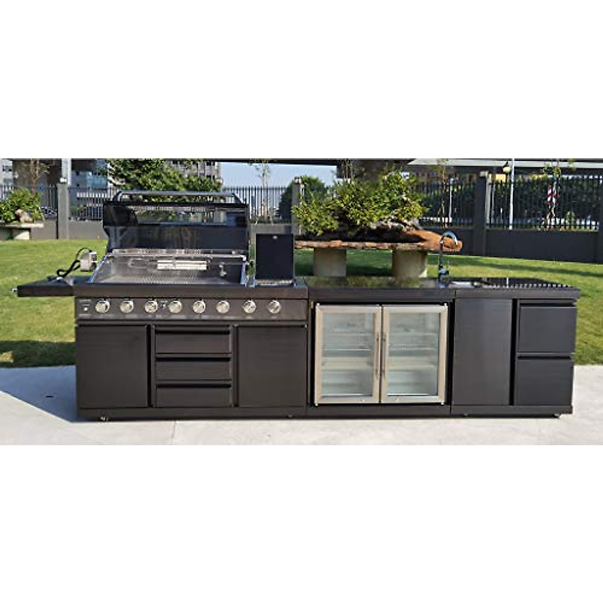 Modular 4 Piece Island Electric and Propane or Natural Gas BBQ Outdoor Black Stainless Steel Grill Kitchen with Double Wine Refrigerator, Sink, Rotisserie, Black Marble Top and FREE Protective Canvas Cover