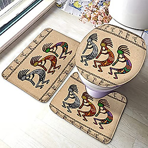 WONDERTIFY Kokopelli Bathroom Antiskid Pad Stylized Mythical Characters Playing Flutes 3 Pieces Bathroom Rugs Set, Bath Mat+Contour+Toilet Lid Cover