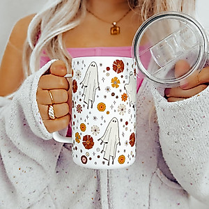 Retro Ghost Halloween Insulated Travel Coffee Mug with Lid, Spooky Fall Autumn Season Cup (18oz)