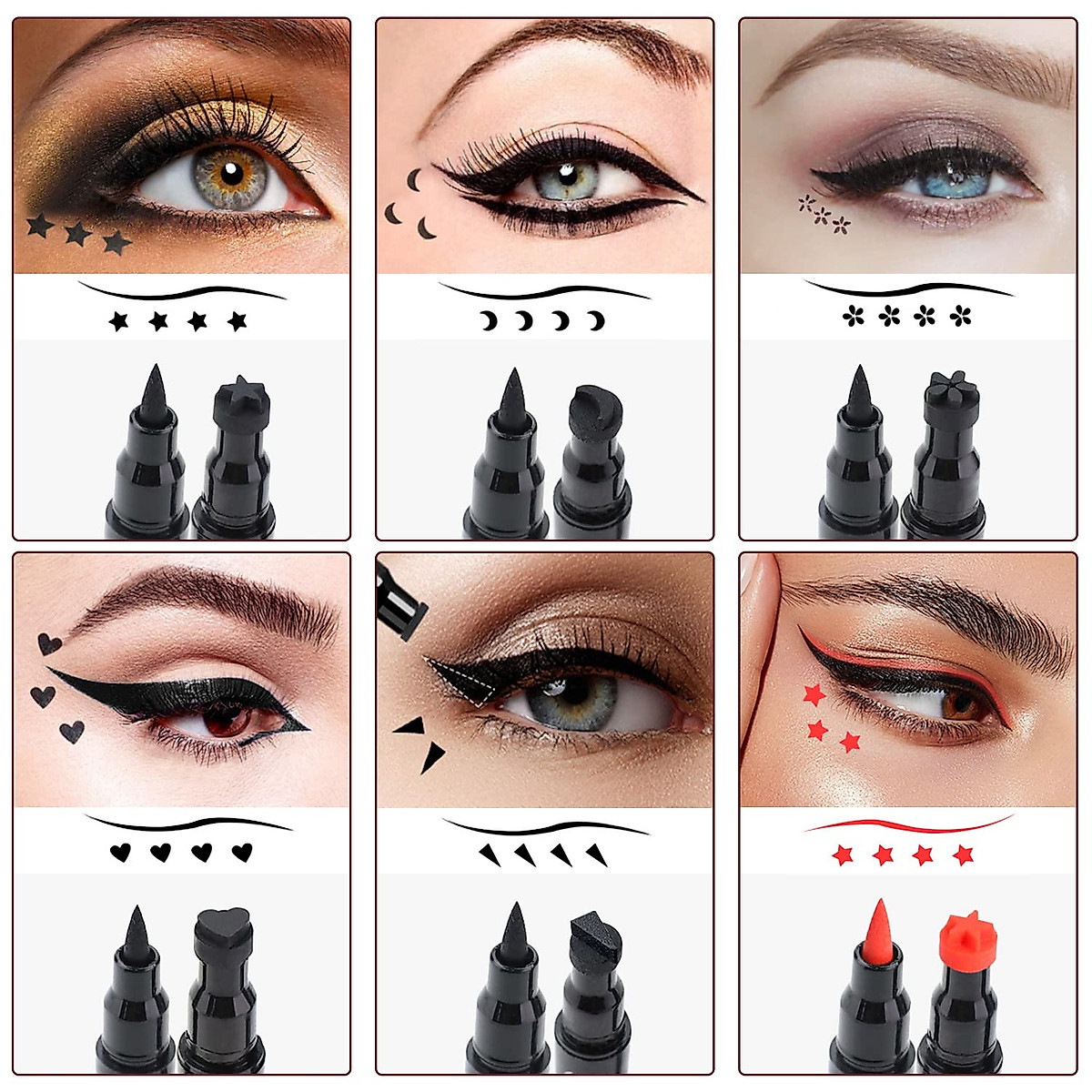 Pinkiou Eyeliner Pen with Eye Makeup Stamp Waterproof Double Sided Long Lasting Seal Eyeliner (6 in 1)