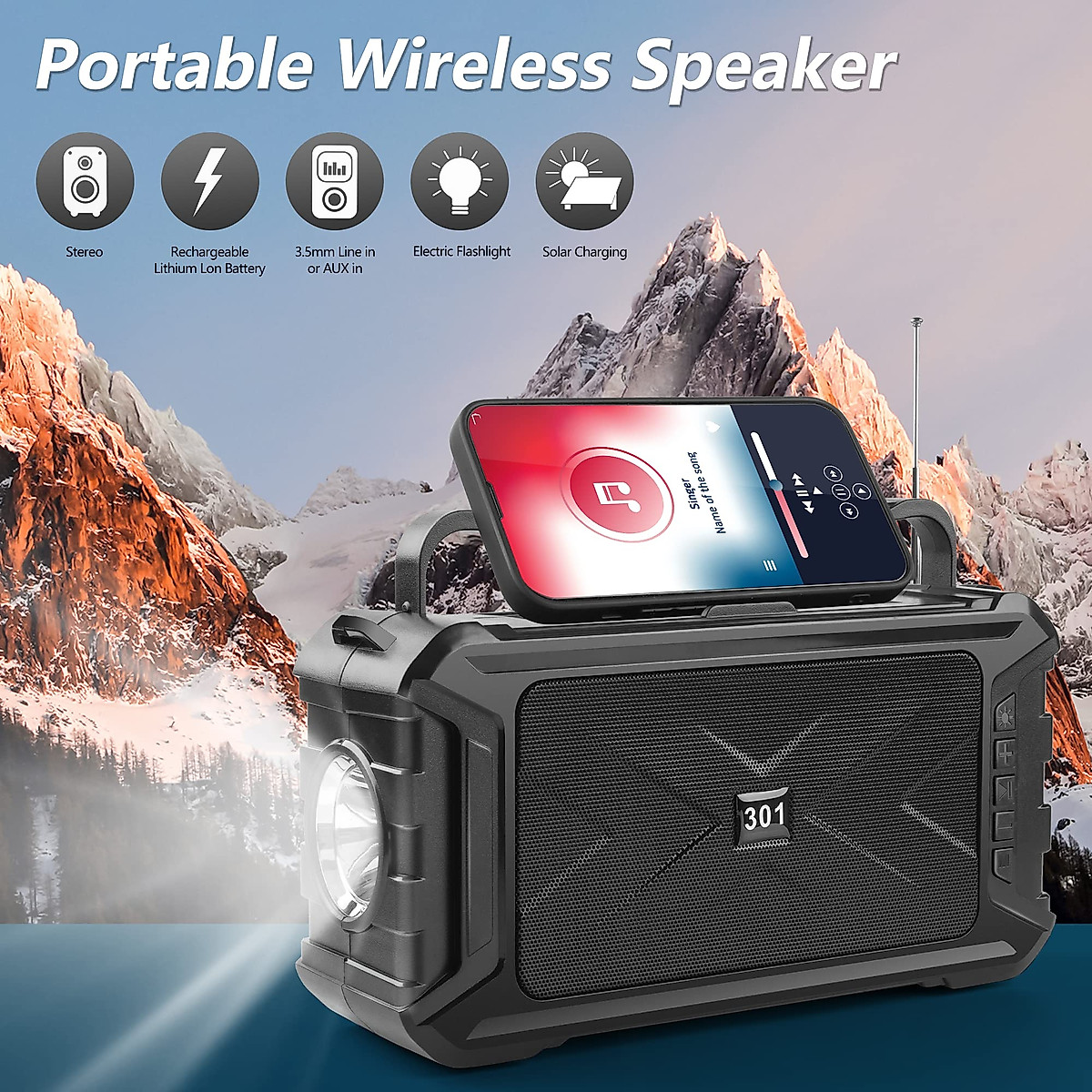 CMXLTECH 301 Portable Bluetooth Speaker with Solar Charge,Wireless Speaker Audio with Outdoor Emergency Flashlight,Longer Playtime Fun Party Light High Power Speaker for Indoor or Outdoor Use