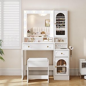 Mauqvit Vanity Desk with Mirror and Light，Vanity Desk with 2 Large Drawers, 2 Large Storage，Charging Station and 10 Lights 3 Lighting Modes Adjustable Brightness Dresser, White