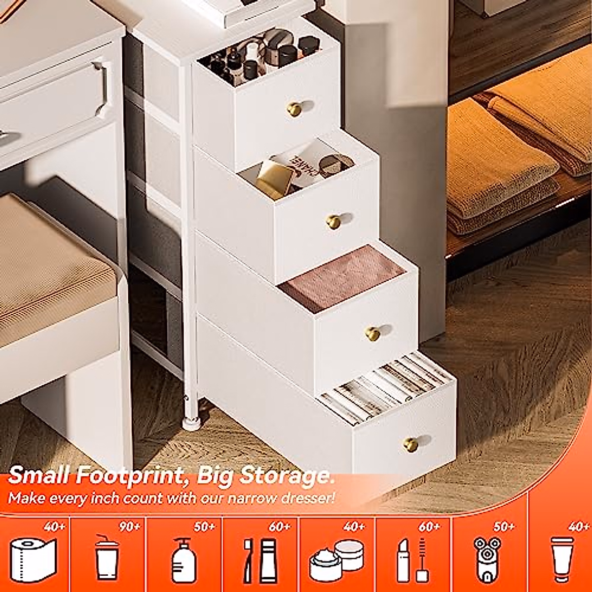 YILQQPER Narrow Dresser Storage Tower with 4 Drawers, Slim Dresser Chest of Drawers with Steel Frame, Wood Top, Golden Knobs, White Dresser for Bedroom, Bathroom, Small Spaces, Laundry, Closet, White