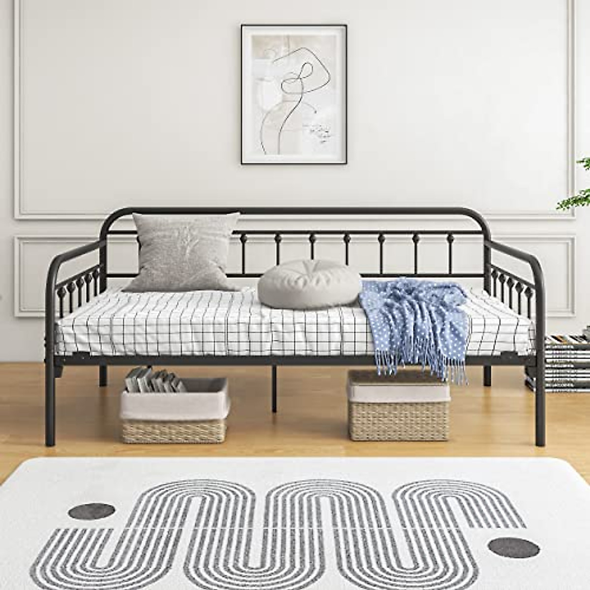 BOFENG Metal Daybed Frame Twin,Black Sofa Bed for Living Room Guest Room,Heavy Duty Steel Slats Support Platform Furniture,Platform Bed Frame with Storage No Box Spring Needed,Noise Free