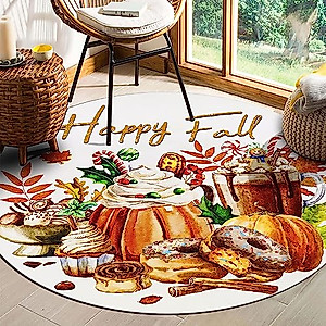 Topotdor Hello Fall Round Area Rug 4Ft, Machine Washable Non Slip Indoor Floor Mat Carpet Thanksgiving Dessert Circle Rug, Autumn Harvest Round Rugs for Living Room Sofa Bedroom Nursery Decor