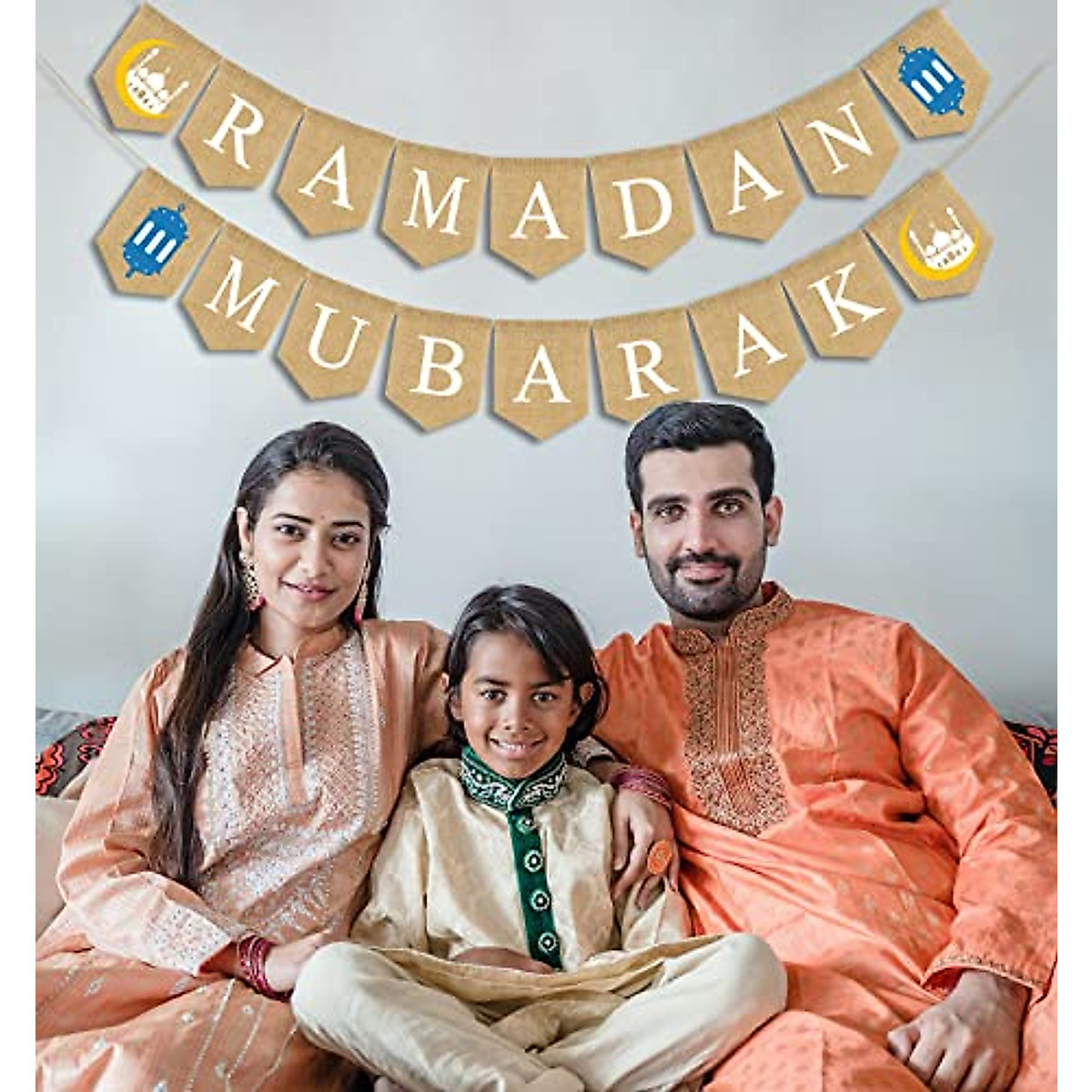 PTFNY Ramadan Mubarak Burlap Banner Muslim Ramadan Mubarak Bunting Banner Garland with Moon Castle Lantern Signs for Islamic Ramadan Eid Festival Celebration Mantle Fireplace Wall Party Decorations