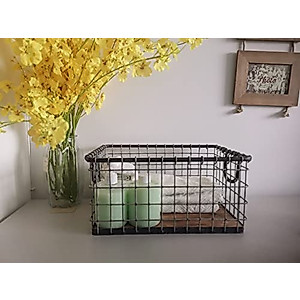 Rectangular Hand Welded Farmhouse Metal Baskets In Set Of 3 with Rustic Wooden Bottom. Large one:16.14"X12.2'X7.08"H, Study and Sutitable For Laundry, Towel, Spice Rack, Storage, Tool Box, Picnic