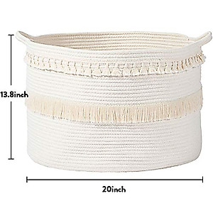 ANTJUMPER Cotton Rope Basket Hamper, Macrame Tassel Storage Basket with Handle Rope Woven Nursery Hamper Storage Bin for Clothes Blankets Pillow and Toys (20"x20"x14")