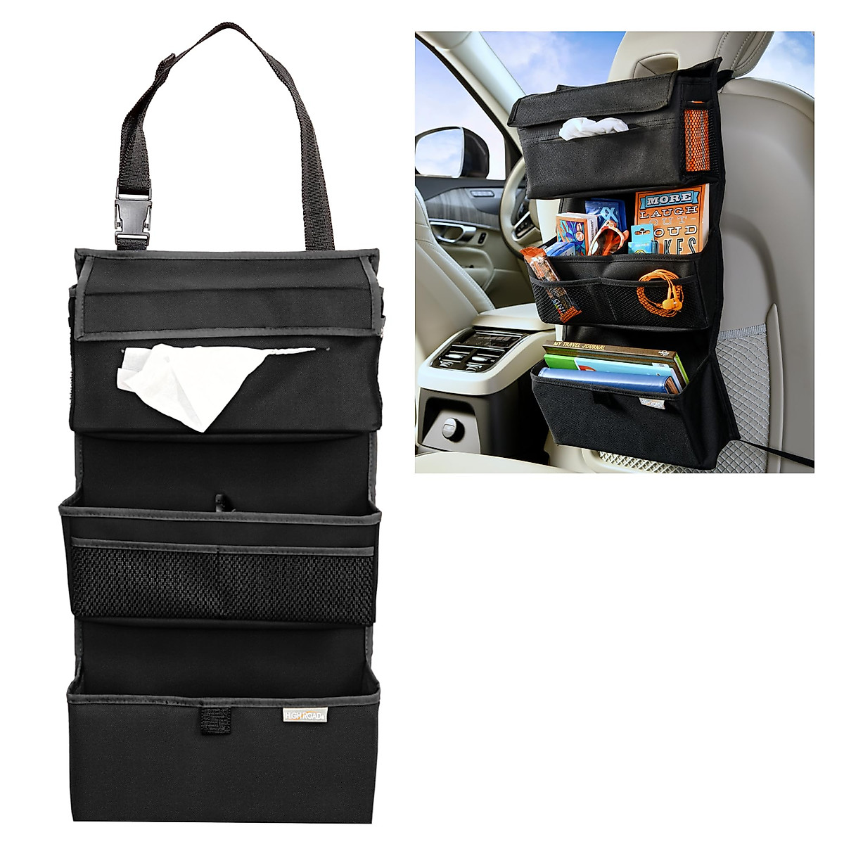 High Road Back of Seat Car Organizer with Tissue Box Holder and Multipurpose Car Storage Pockets for Car, SUV or Truck