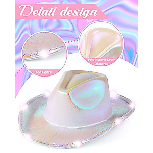 Jecery 12 Pcs Light Holographic Space Cowgirl Hat and Heart Shape Sunglasses LED Rave Cowboy Hat Rimless Heart Sunglasses for Teens Adult Party, White