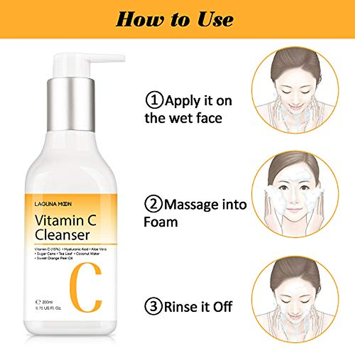 Lagunamoon Vitamin C Facial Cleanser, Cleanse & Hydrating, Reduce Fine Line Wrinkles Anti-Aging, Perfect Face Wash with Natural Ingredients for All Skin Types (200ml / 6.76 Oz)