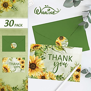 Whaline Sunflower Thank You Cards Bulk 30 Pack Watercolor Thank You Note Cards with Matching Seal Stickers Envelopes Spring Summer Floral Greeting Cards for Baby Shower Wedding Bridal Birthday Party