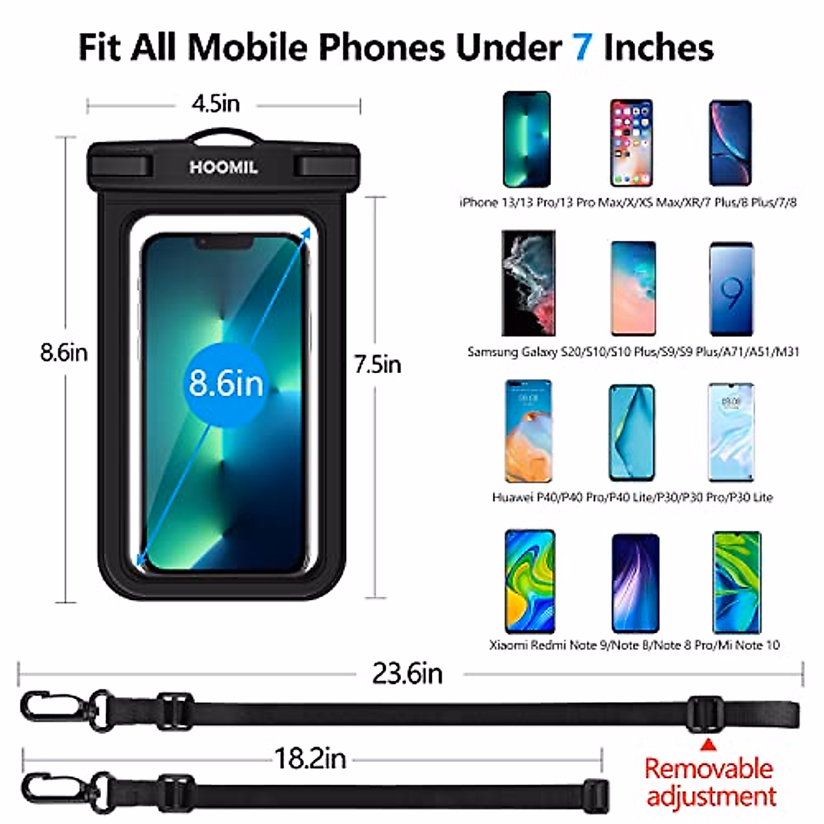 HOOMIL Waterproof Phone Pouch, 2 Pack Universal IPX8 Waterproof Phone Case Dry Bag with Lanyard for Samsung Galaxy A53 5G/S22 Ultra/iPhone 14 Pro Max - Black, Clear