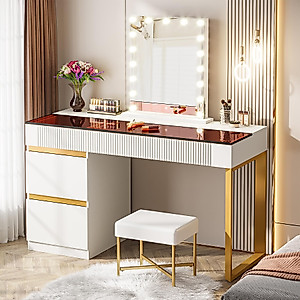 Tribesigns Computer Desk with 4 Drawers, 47 Inch Modern Home Office Desk with Glass Top, White and Gold Writing Workstation Desk with Storage, Makeup Vanity Table for Living Room, Bedroom
