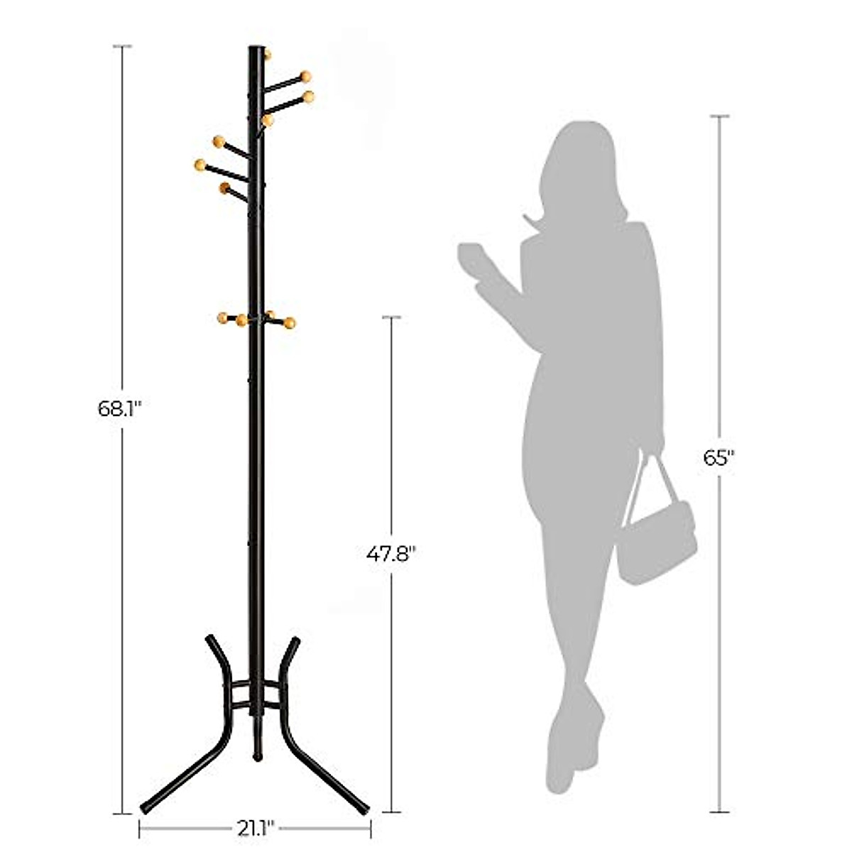 SONGMICS Coat Rack, Freestanding Metal Coat Tree, 11 Hooks with Ball Ends, for Entryway, Bedroom, Living Room, Black URCR028B01