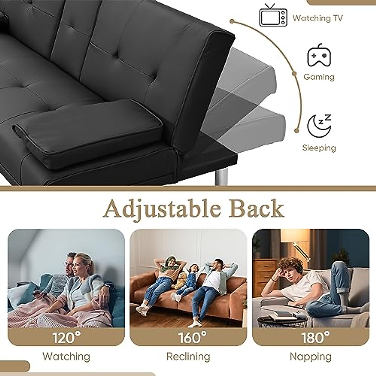 Antetek Futon Sofa Bed, Modern Convertible Upholstered Faux Leather Loveseat Sleeper Sofa Couch w/7 Adjustable Positions, Cup Holder for Living Room, Bedroom, Studio, Office, Black