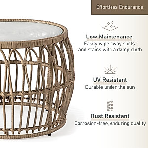 Muse & Lounge Co. Ysar Boho Rattan Round Coffee Table Outdoor with 5mm Tempered Glass Top, All-Weather and Rust Resistant Patio Furniture