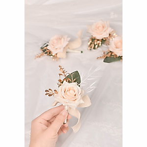 YSUCAU Champagne Rose Wrist Corsage Wristlet Band Bracelet and Men Boutonniere Set for Wedding, Artificial Flower Wrist Corsage Bracelets for Fall Wedding Homecoming Prom Suit Decorations