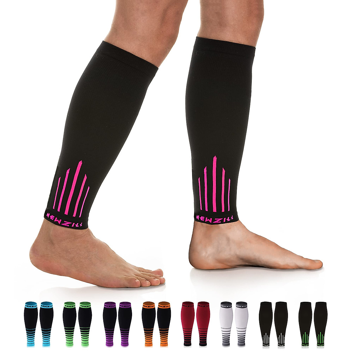 NEWZILL Calf Compression Sleeve for Men & Women | Footless Compression Socks for Shin Splint Relief, Varicose Veins | Leg Sleeve for Running, Travel, Nursing, Work, Fitness (S/M Black/Pink 1Pair)
