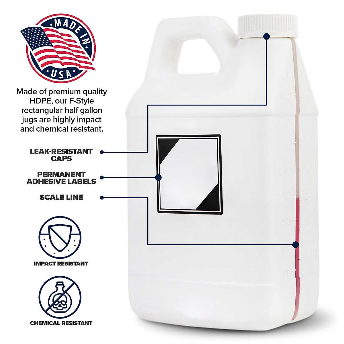 Stock Your Home 64 oz Plastic F-Style Half Gallon Jugs with Labels (3 Pack) - Child Proof Leak Resistant Caps - Impact Resistant Plastic Jugs for Commercial or Restaurant Use - Adhesive Stickers