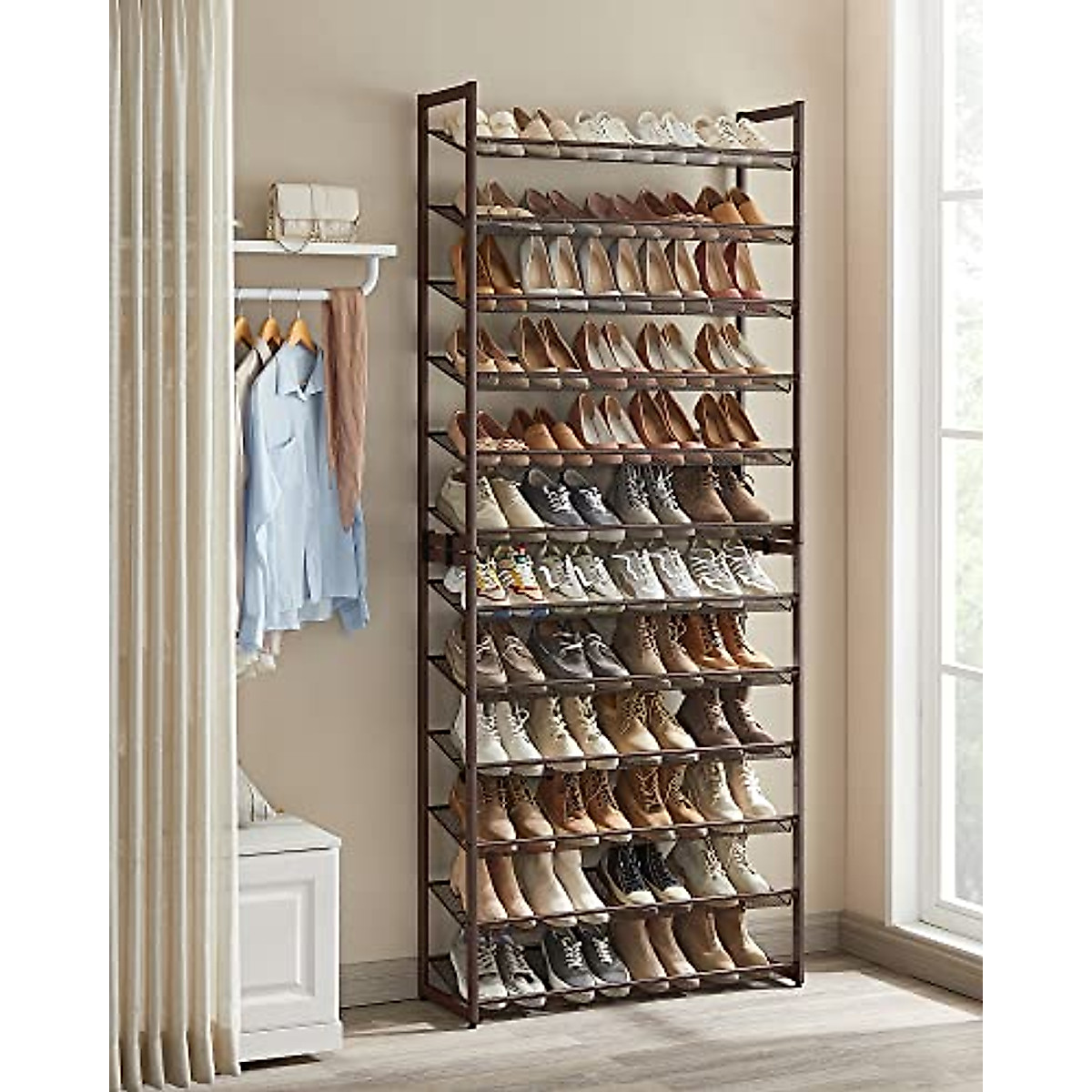 SONGMICS Shoe Rack, 12-Tier Tall Metal Shoe Storage Organizer for Closet, Entryway, Garage, Set of 2 6-Tier Big Stackable Shoes Rack Shelf, Adjustable Feet, Slanted Shelves, Holds 48-60 Pairs, Bronze