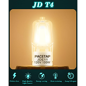 PACETAP 100W JDE11 120V Halogen Light Bulbs, 1200lm 2800K Warm White Dimmable Bulbs with E11 Mini Candelabra Base for Chandeliers, Ceiling Fan, Table Lamps, Cabinet Lighting (4)