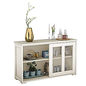 FANTASK Kitchen Storage Cabinet Sideboard, Stackable Buffet w/Height-Adjustable Shelf & 2 Glass Sliding Doors, Accent Console Table for Kitchen Dining Living Room Hallway Office (Cream White)