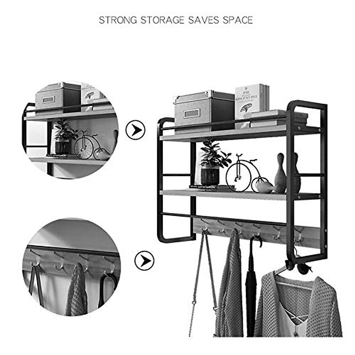 PIBM Stylish Simplicity Shelf Wall Mounted Floating Rack Shelves Iron Art Coat Rack Storage Kitchen Bathroom Doorway Hook Up,6 Colors,2 Layer, c , 60x22x64cm