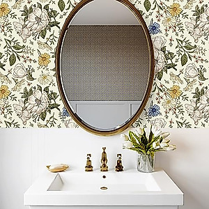 VEELIKE 17.7"×118.1" Floral Peel and Stick Wallpaper Vintage Peony Daisy Floral Wallpaper Self Adhesive Removable Floral Contact Paper Decorative Vinyl for Bedroom Walls Cabinets Shelves Nursery