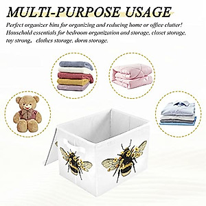 DOMIKING Bee Large Storage Bin with Lid Collapsible Shelf Baskets Box with Handles Organizing Container for Nursery Drawer Shelves Cabinet