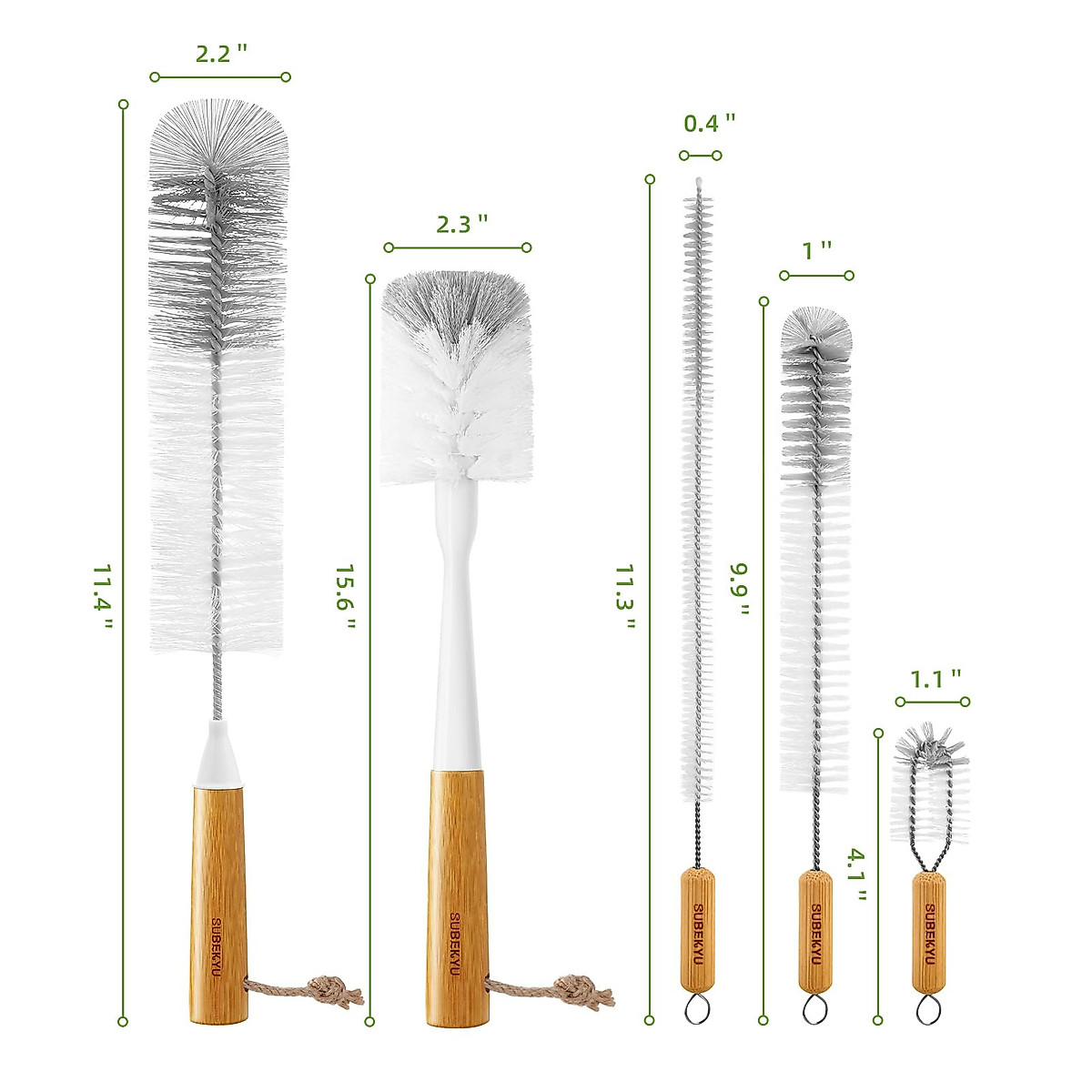 SUBEKYU 5 Pack Bottle Brush Set, Long Handle Bottle Brush Cleaner, Water Bottle Brush for Washing Baby Bottles, Narrow Neck Beer Bottles, Straws, Kettles, Bottle Cap Slits, Gray+White