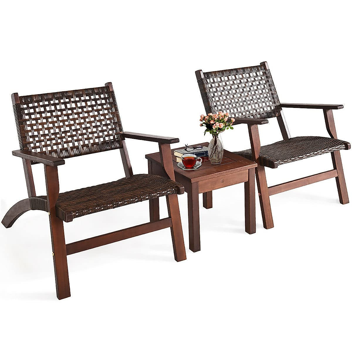 3PCS Outdoor Furniture Set Patio Conversations Set 2 Armchairs with Coffee Table Wide Armrest Tight Hand Woven Rattan Sloping Backrest Curved Chair Seat Perfect for Garden Balcony Poolside Use