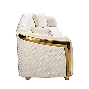 Chesterfield Loveseat Velvet, 82" Large Upholstered Sofa with Button-Tufted Back, Retro Modern Sleeper Sofa Settee with Curved Gold Metal Frame, 3 Seater Wide Comfy Couches for Living Room (White)