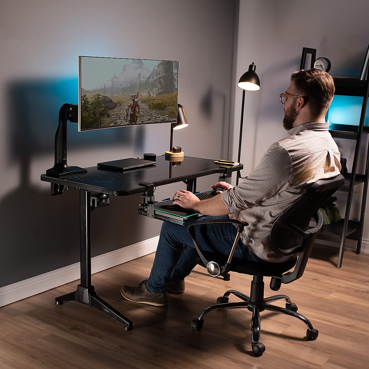 VIVO Large Height Adjustable Under Desk Keyboard Tray with RGB LED Light Mouse Pad, C-clamp Mount, 27 (33 Including Clamps) x 11 inch Slide-Out Platform Computer Drawer for Typing, Black, MOUNT-KB05GP