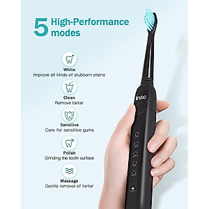 Initio Sonic Electric Toothbrush for Adults, 5 Modes with Smart Timer, 8 Brush Heads & Travel Case Included, Rechargeable Toothbrush, Oral Care Whitening Toothbrush, IT959
