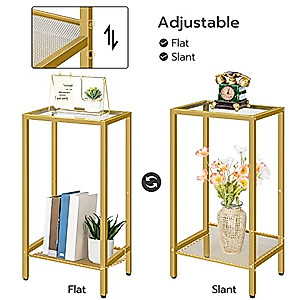 HOOBRO Tall Side Table, Morden Tempered Glass End Telephone Table with Adjustable Mesh Shelves, Small Entryway Table, Laptop Table for Office, Hallway, Living Room, Gold GD03DH01