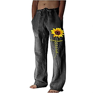 Muscularfit Cargo Pants Men Mens Casual Dress Pants Elastic Waistband Mens Lounge Pants Casual Loose Drawstring Elastic Waist Cotton Linen Trousers Summer Print Solid Straight Legs Dark Gray XL