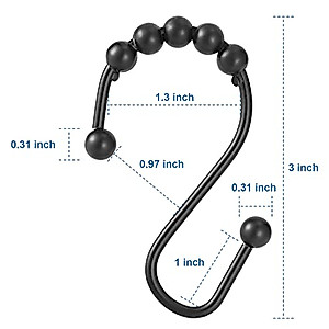 TENOVEL Shower Curtain Hooks, Metal S Shaped Shower Rings Rust Proof for Bathroom Shower Rods Curtains, Durable Stainless Steel Bathroom Shower Curtain Hanger, Matte Black, Set of 12