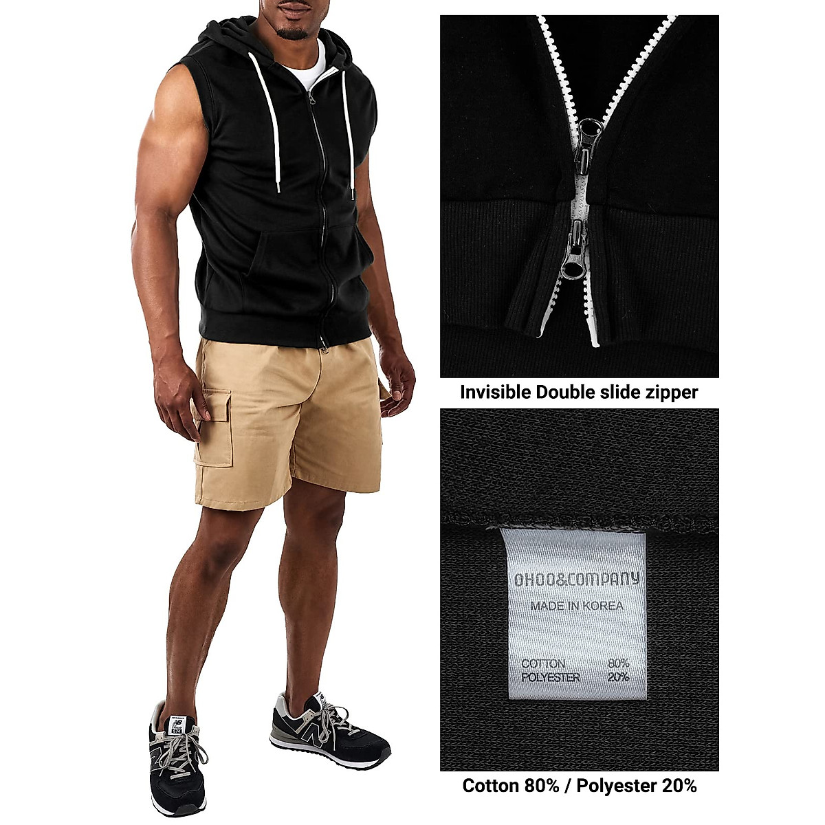 Ohoo Mens Slim Fit Sleeveless Lightweight Zip-up Hooded Vest 2 Way Zipper Hoodie Sweatshirt / DCF011-BLACK-L