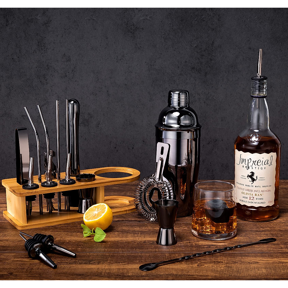 17 Pieces Cocktail Shaker Set with Bamboo Stand,Gifts for Men Dad Grandpa,Stainless Steel Bartender Kit Bar Tools Set,Home, Bars, Parties and Traveling (Bamboo Wood Black)