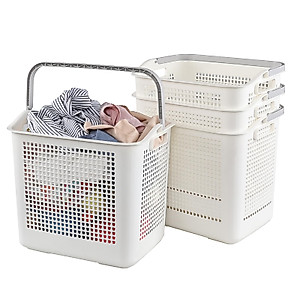 Rosebloom 35 L Plastic Portable Laundry Basket, Plastic Laundry Baskets with Handle, White, 4 Packs