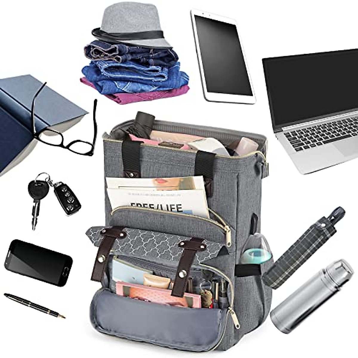 Kuosdaz Travel Backpack for Women Men, Large Wide Open Womens Backpack for Work, Water Resistant Collage Backpack with USB Port, 17.3 Inch School Bookbag Computer Bag for Doctor Teacher Nurse, Grey