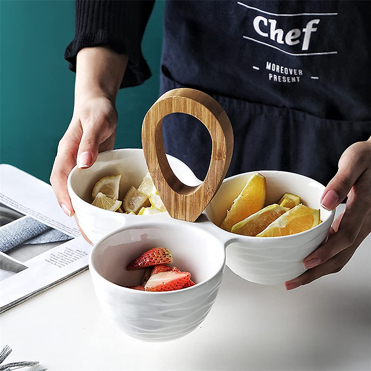 Ceramic Snack Serving Tray, 3-Compartment-Porcelain Modern Tabletop Serving Trays with Handle, Condiments Nuts Snacks Candy Serving Bowls