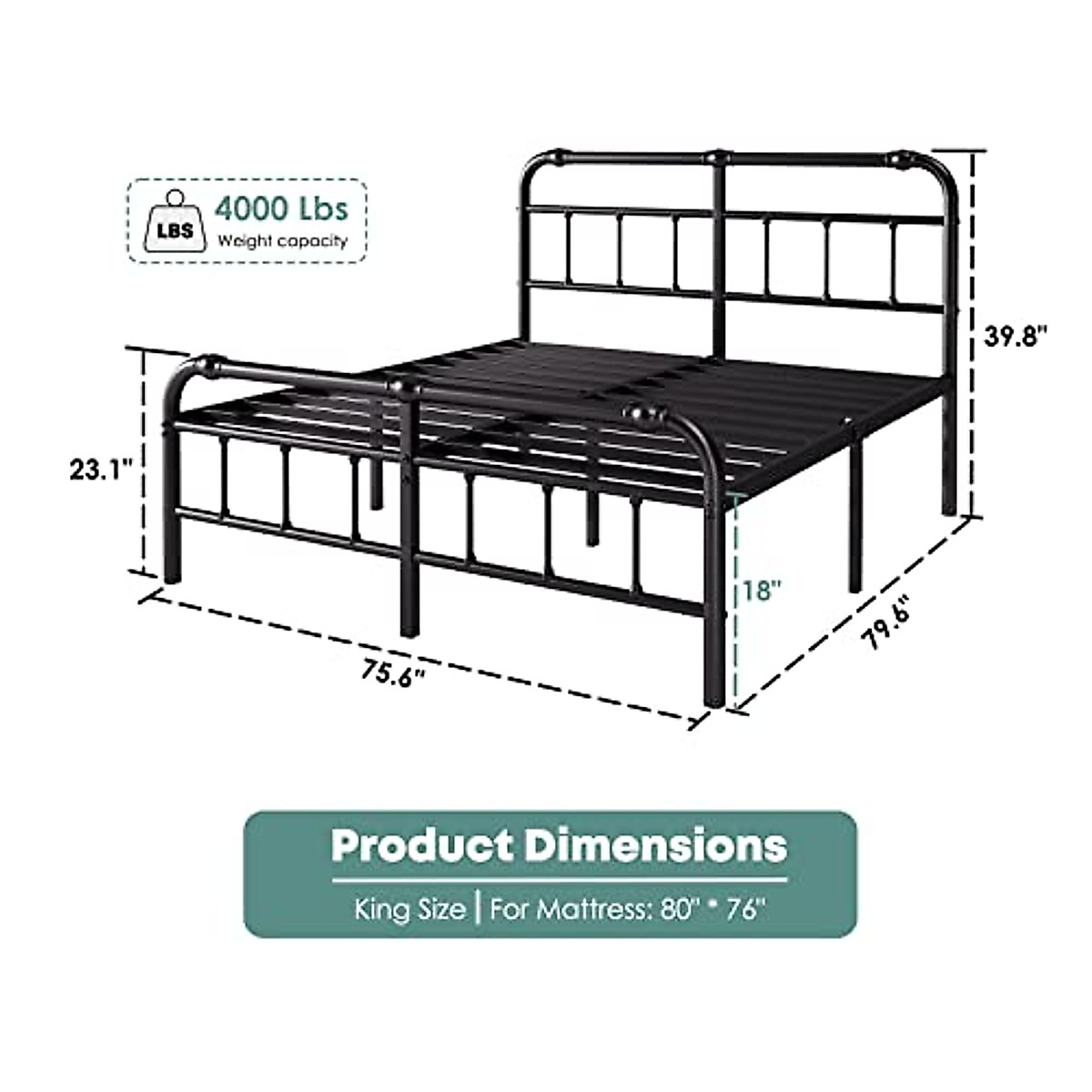 FSCHOS King-Bed-Frame-with-Headboard and Footboard, 18 Inch Metal Platform King-Size-Bed-Frame, Premium Steel Heavy Duty Bed Frame King No Box Spring Needed, Easy Assembly, Black