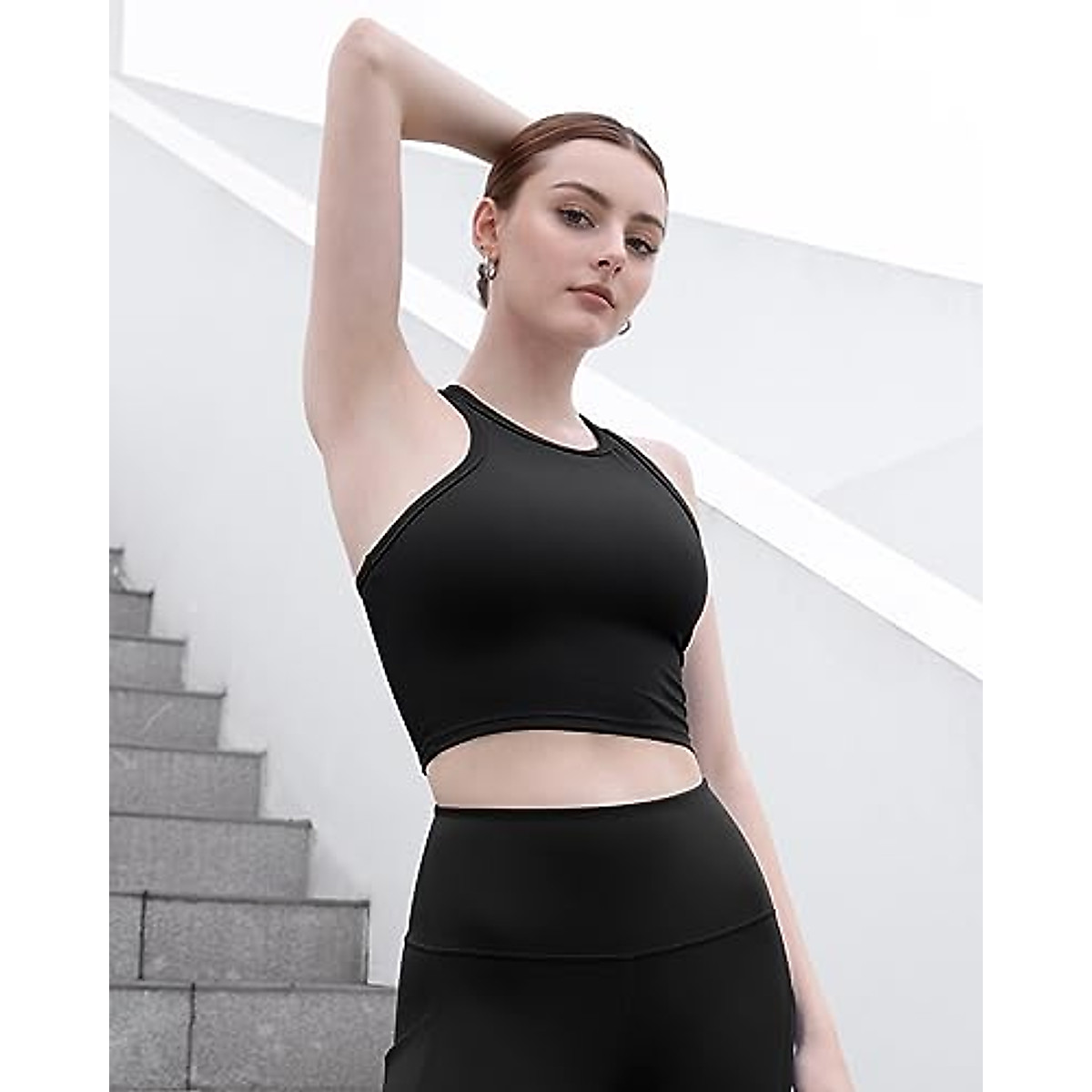 ODODOS Women's Crop 2-Pack Racerback High Neck Ribbed Cropped Tank Tops, Black+Black, Small