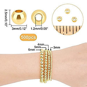 PH PandaHall 500pcs 3mm Gold Beads 18K Gold Plated Beads Long-Lasting Round Smooth Spacer Beads Seamless Loose Balls Mini Seed Beads for Summer Hawaii Stackable Necklace, Bracelet, Earring Making