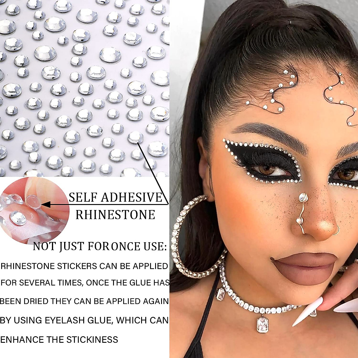 1250 Pcs Self Adhesive Rhinestones for Makeup Eyes 15 Colors Rainbow Rhinestones Face Jewels Face Gems Stick on, DIY Nail Makeup 3mm 4mm 5mm 6mm Rave Festival Accessories Costume for Women